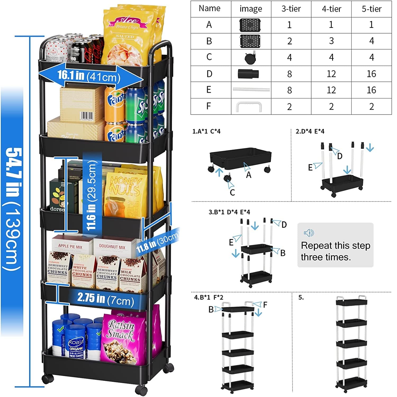 7 code 3 Tier Rolling Cart, Plastic Storage Cart, Multi-Functional Utility Cart Kitchen Storage Organizer,Mobile Shelving Unit Cart with Lockable Wheels for Bathroom,Laundry,Living Room,Black
