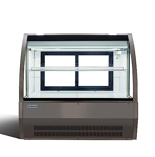 Evedy L Display Refrigerator, 26.4 Cu. Ft Curved GlassRefrigerator DisplayCase, Commercial Countertop Displaywith Adjustable Shelves, for Pastry Cake Beverage, 70.9β x 32.5β x 45.2β, Black/White