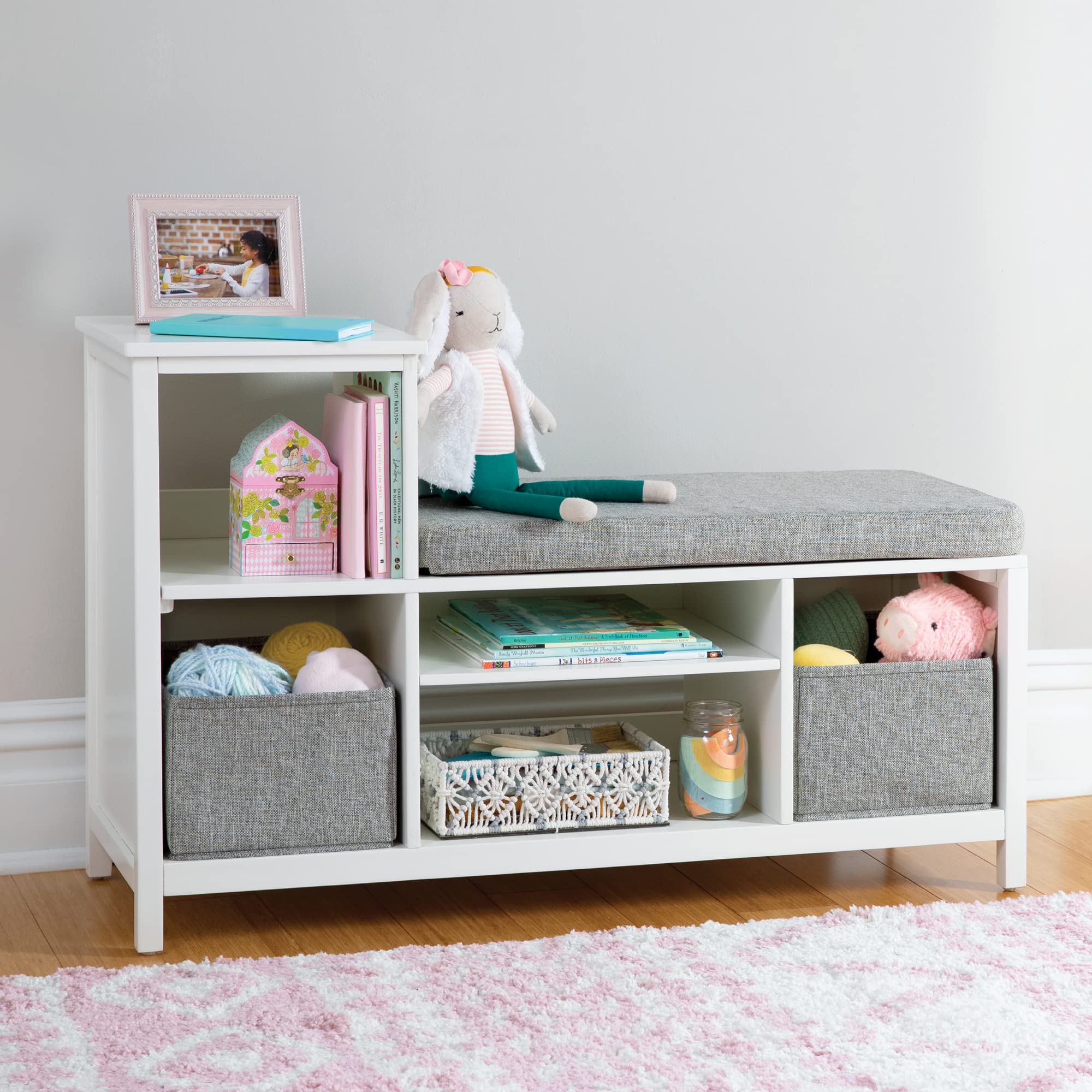 Martha Stewart Kids' Jr. Reading Nook with Bins - Creamy White: Kids Wood Bookshelf and Storage Bench with Open Shelves and Canvas Storage Bins for Toys, Games, and Books | Toddler Room Furniture