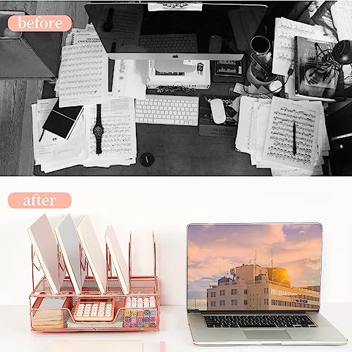 LEKETREE Rose Gold Desk Organizer with Drawers, Office Supplies for Women, Desk Organization with 5 Upright Sections, Desk Accessories & Workspace Organizers