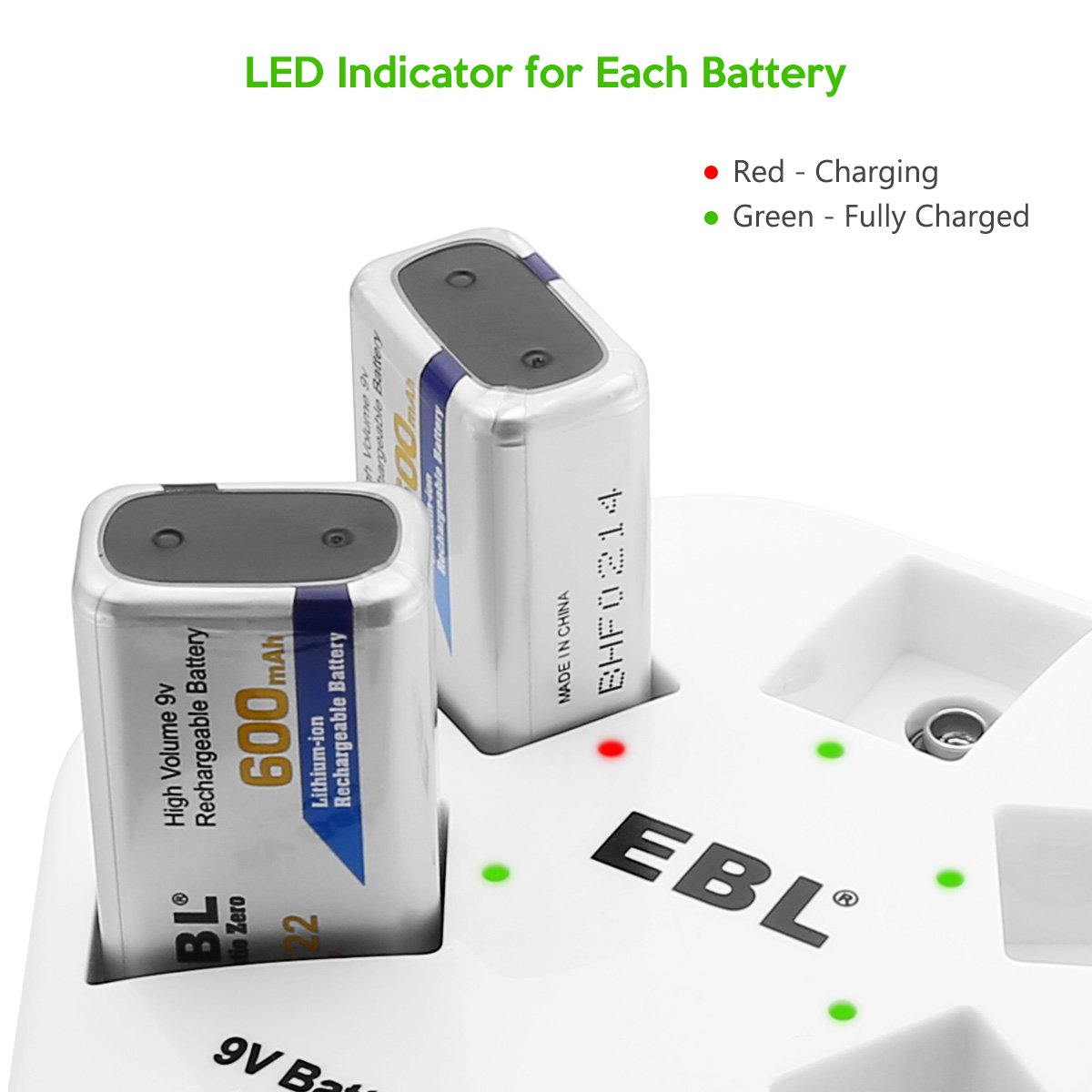 EBL 9V Rechargeable Batteries Lithium ion 9V 600mAh Batteries 600mAh (5 Packs) with 5 Bay 9V Battery Charger 2A Input for Smoke Alarm Detectors