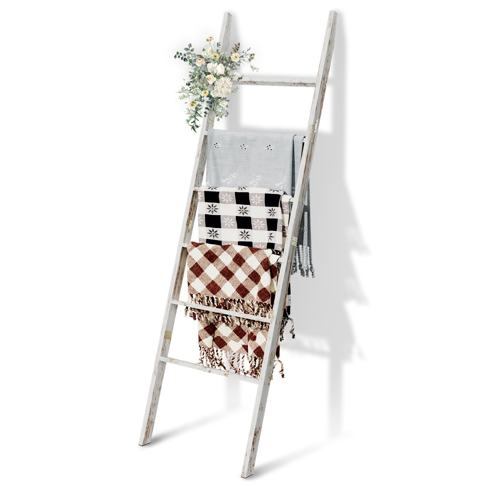 6-Tier Blanket Ladder Wooden, 5.7FT(66.5'') Blanket Quilt Towel Holder Rack Decorative Ladder, Easy Assembly, Rustic Farmhouse Ladder Shelf for The Living Room Bedroom Bathroom Home Decor, White Wash