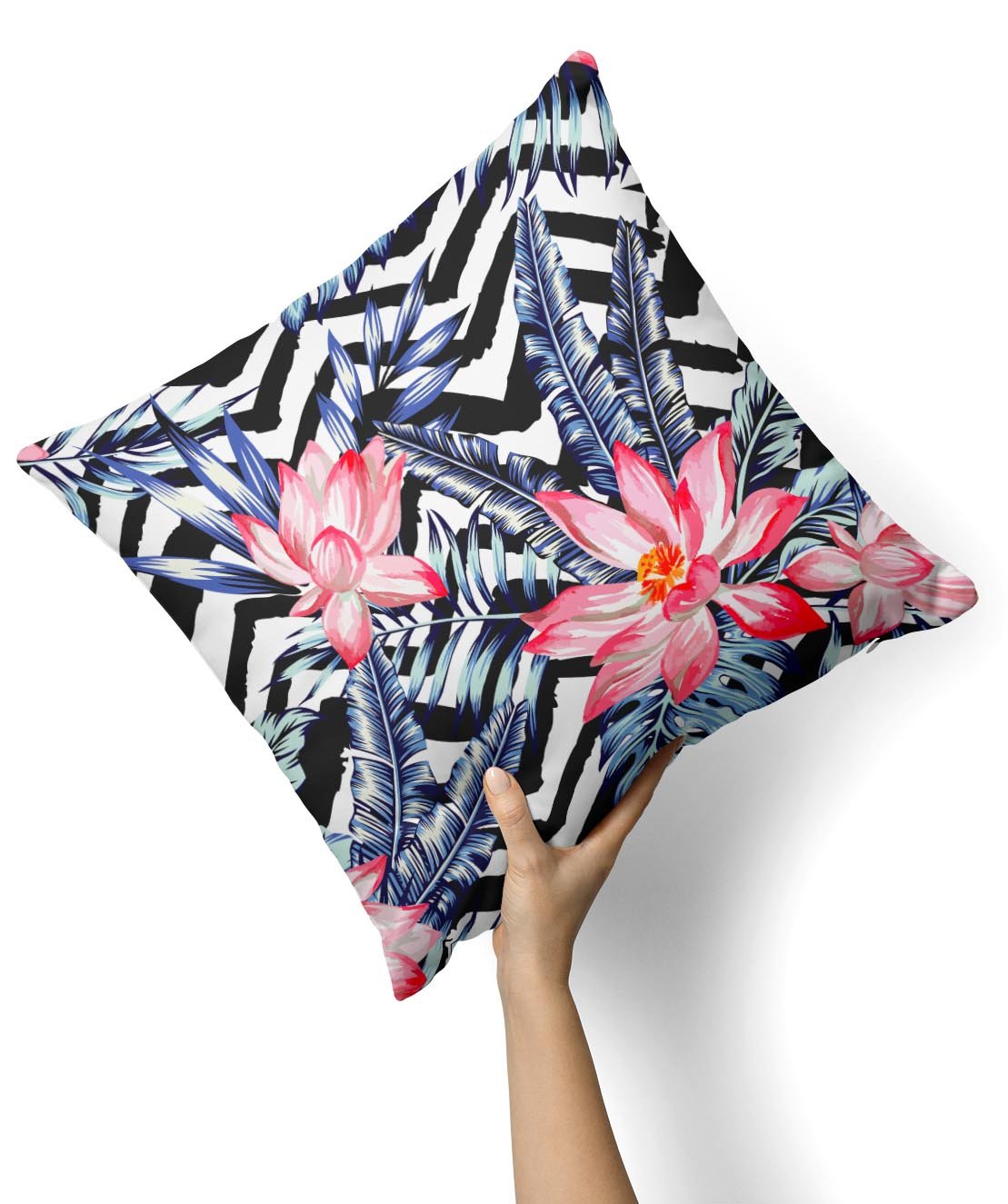 iiRov Summer Design Ink-Fuzed Decorative Throw Pillow - Vivid Tropical Chevron Floral v1