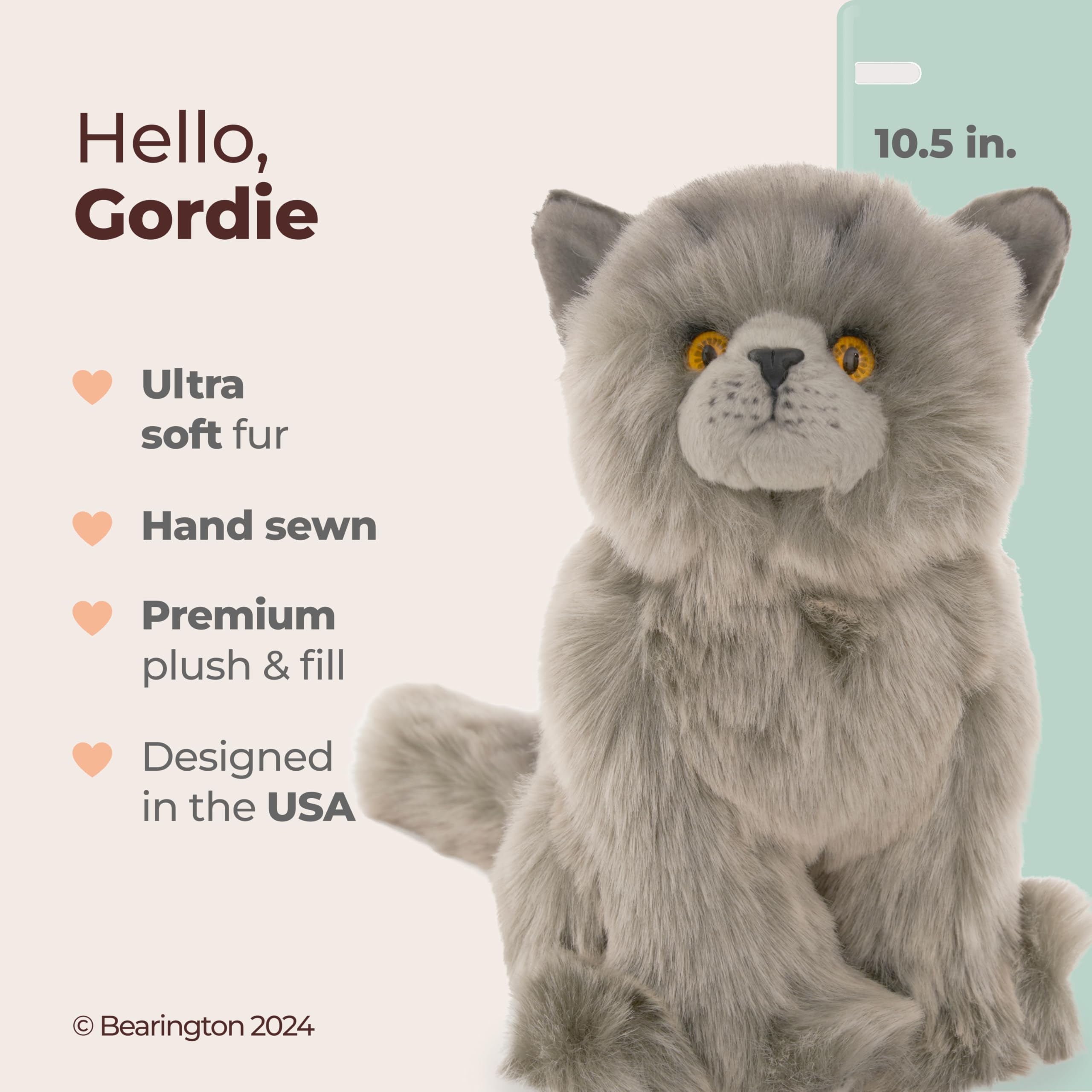 Bearington Gordie The Grey Cat Plush, 10.5 Inch Grey Cat Stuffed Animal