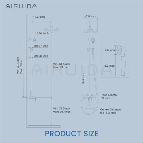 Airuida Shower Fixture, Brass Exposed Pipe Shower System, Chrome Polish 8 Inch Rainfall Shower Head Single handle with Dual Functions Shower Faucet Combo Unit Set