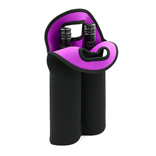 Hipiwe Wine Carrier Tote Bag Two Bottle Insulated Neoprene Wine/Water Bottle Holder for Travel with Secure Carry Handle (Blake+ Purple)