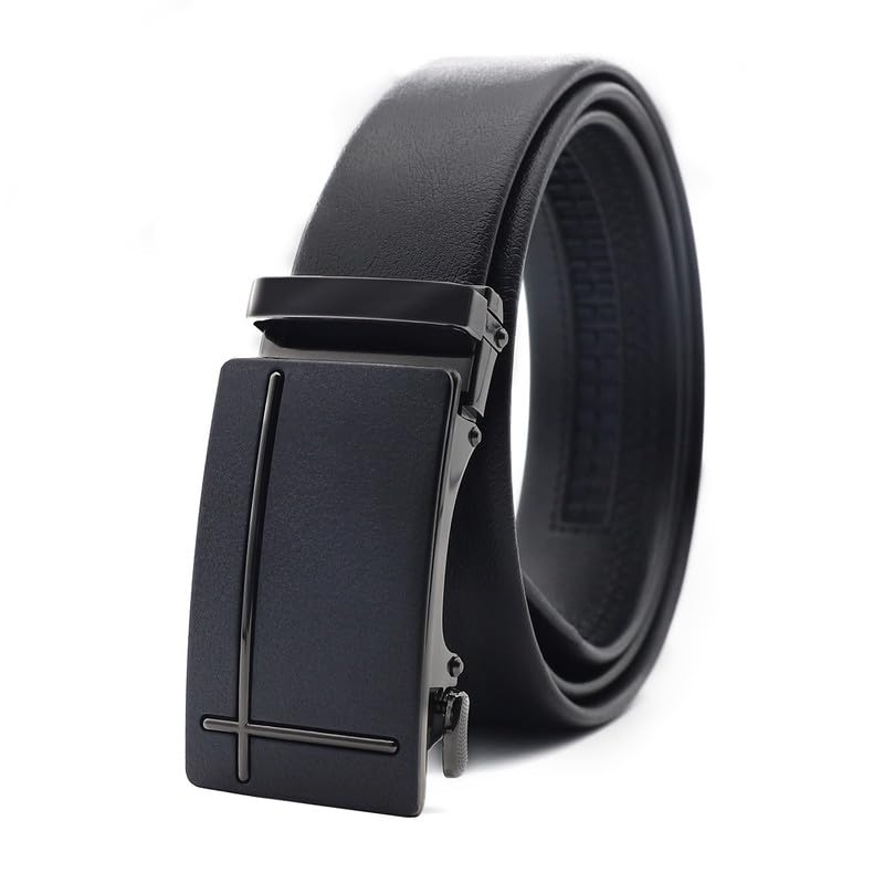 5MLGgoods Belt Men, Black Ratchet Leather Belt For Men, 11/8" Genuine Leather, With Easier Slide Buckle (Cross, Black, L:125cm)
