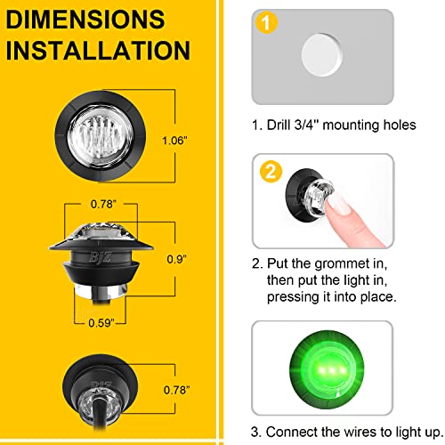 BJZ 3/4'' LED Trailer Marker Clearance Lights Green Round 12V LED Side Marker Front Rear Stop Turn Signal Tail Indicator Light Waterproof for Trailer Truck ATV UTV RV Van Pickup, 10Pcs w/Clear Lens