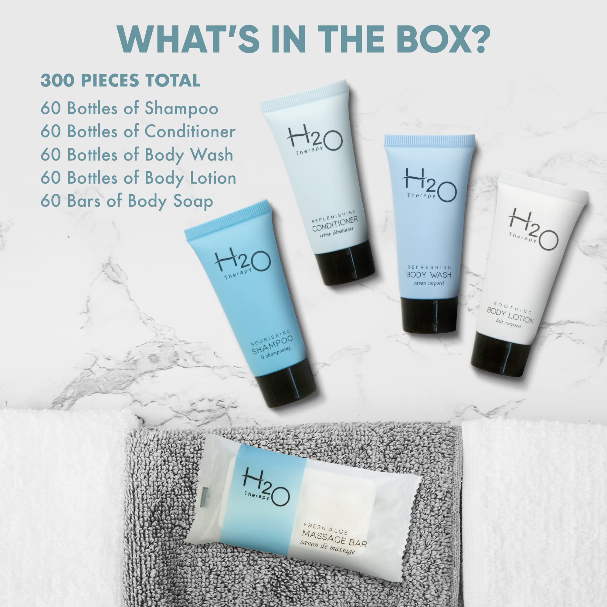 H2O Therapy Hotel Soaps & Toiletries Bulk Set | 1-Shoppe Amenities Kit | 0.85oz Shampoo & Conditioner, Body Wash, Lotion, 1oz Bar Soap | Travel Size | 300 Pieces