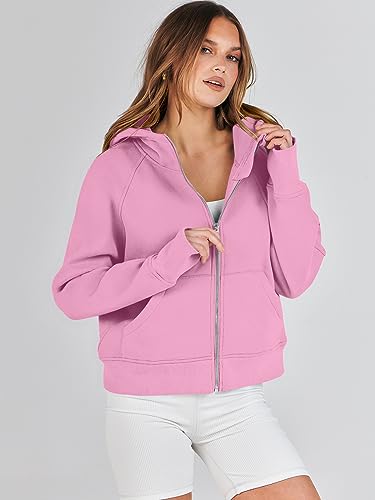 ANRABESS Women's Zip Up Cropped Hoodie Oversized Fall Sweatshirts Y2k Jacket Workout Crop Tops Rib Knitted Casual Long Sleeve Shirts Comfy Clothes A1015fense-M Pink