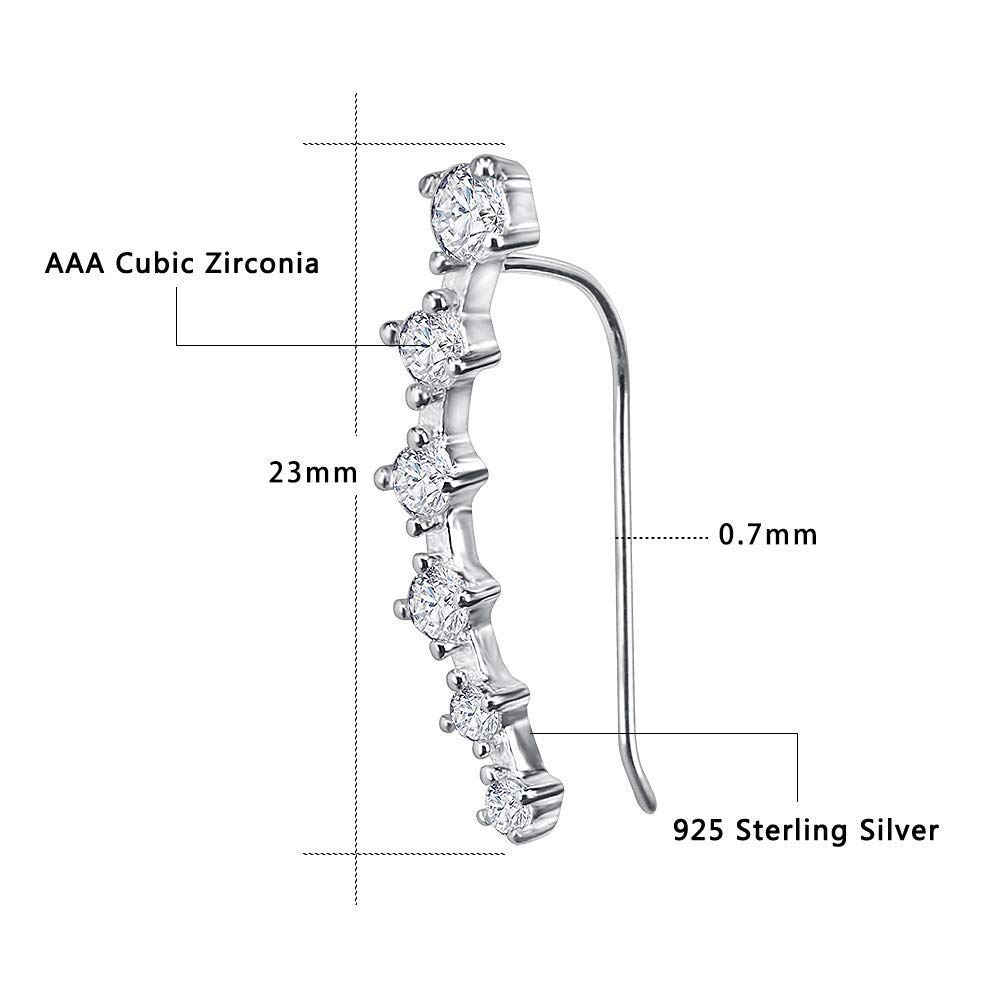7 Crystals Ear Cuffs Hoop Climber S925 Sterling Silver Earrings Hypoallergenic Earring