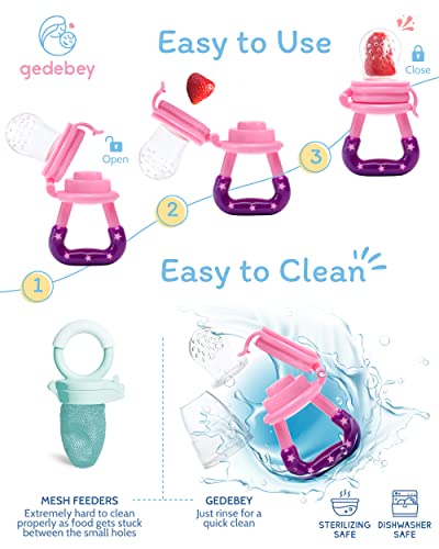 Gedebey Baby Fruit Feeder Pacifier - 3 Pack | 2 Silicone Baby Feeder Pacifiers & 1 Baby Feeding Spoon | Frozen Fruit Teether | Forage Feeder | Food Pacifier for Babies | Baby Food Spoon (Pink)