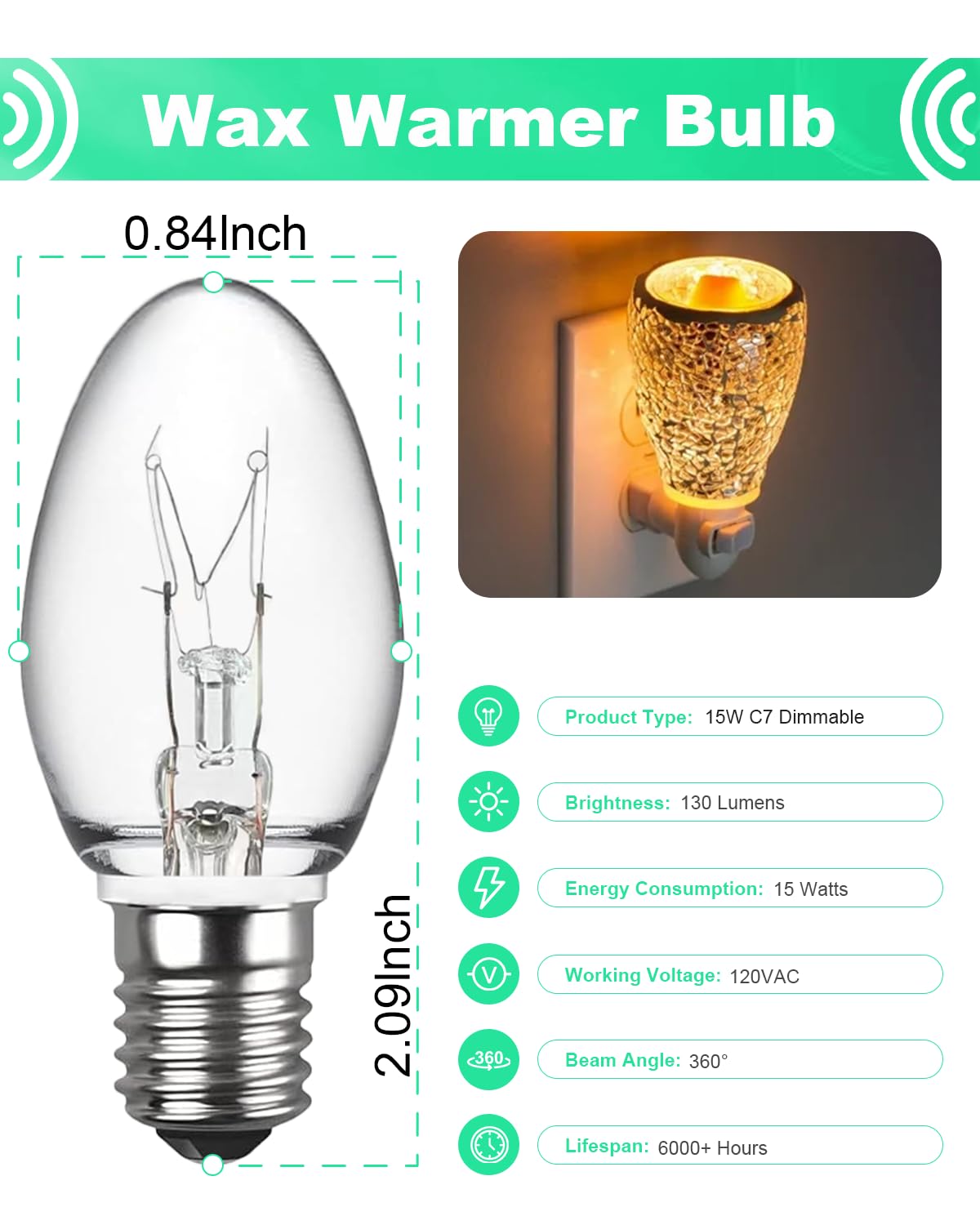 MEQIQTEK Salt Lamp Bulb - Scentsy Light Bulbs for Plug in Wax Warmer - 15 Watt Night Light Bulbs - E12 Bulbs for Household Salt Lamp - C7 Bulb Shape, 15packs