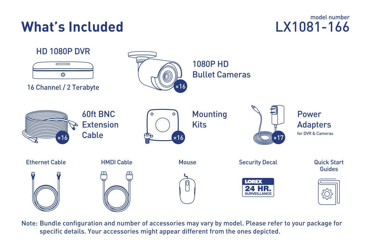 Lorex Indoor/Outdoor Wired Security Camera System, 1080p HD Bullet Cameras with Motion Detection Surveillance, Night Vision & Smart Home Voice Compatibility, 2TB 16 Channel DVR, 16 Cameras