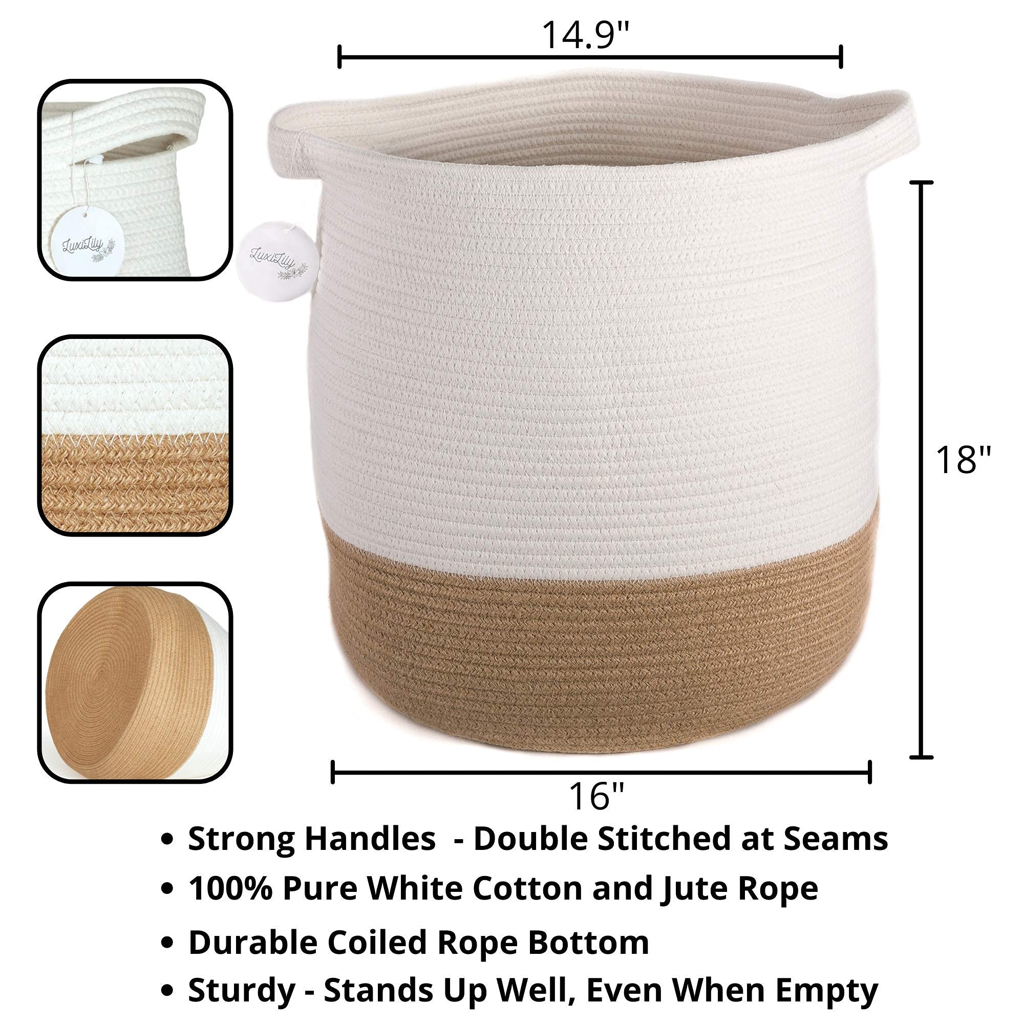 Large Blanket Basket for Living Room - Decorative Woven Baskets for Storage, Cotton Rope Baskets for Storage 16βx18β, Round Basket, Tall Laundry Hamper Basket, LuxiLily Baskets