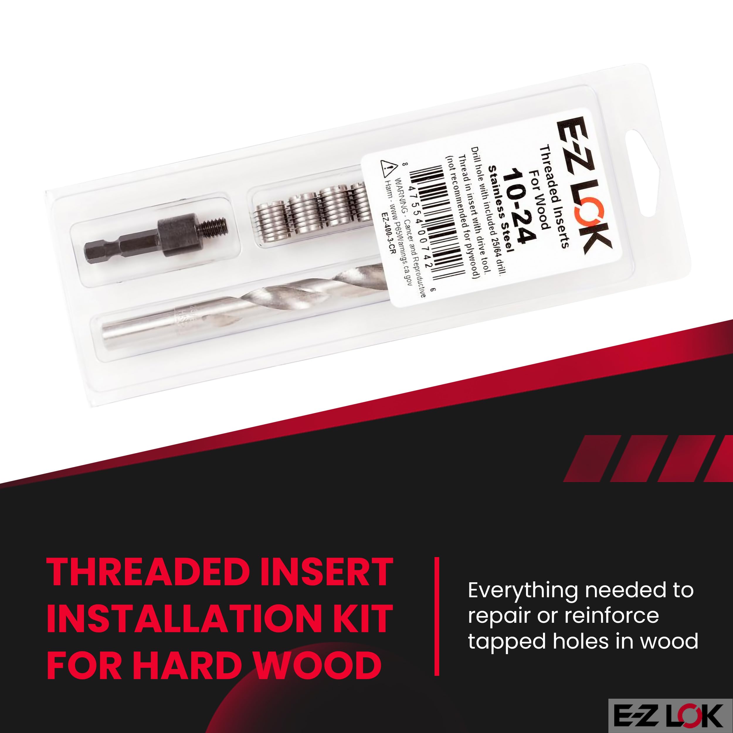 E-Z LOK 400-3-CR Threaded Inserts for Wood, Installation Kit, Stainless Steel, Includes 10-24 Knife Thread Inserts (6), Drill, Installation Tool