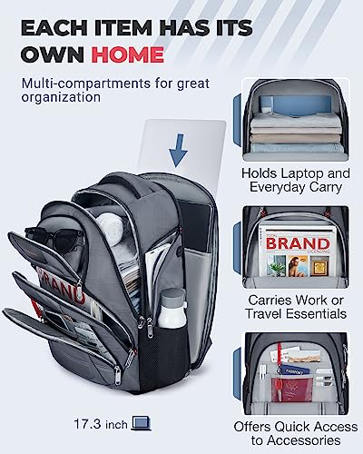 BAGSMART 45L Travel Laptop Backpack, TSA 17.3 Inch Laptop Backpack Flight Approved Travel Backpack with USB Charger Hole, Water Resistant College Computer Backpack Business Weekender Bag - Grey