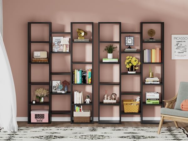 LITTLE TREE 14-Cube Bookshelf, 5-Tier Bookcase with Open Shelves, Retro Wood Storage Organizer Display Shelf, Horizontal/Vertical Storage Shelving Unit for Bedroom, Living Room, Office, Black