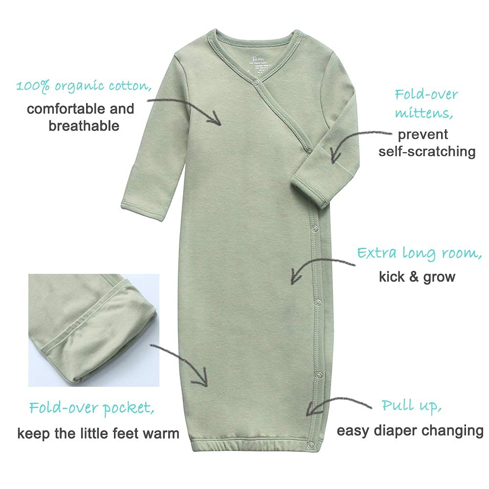 O2 BABY Baby Organic Cotton Kimono Gown with Mitten Cuffs and Fold-Over Pouch, Unisex Long Sleeve Infant Sleeper Sleeping Bag(0-3Months, Desert Sage)