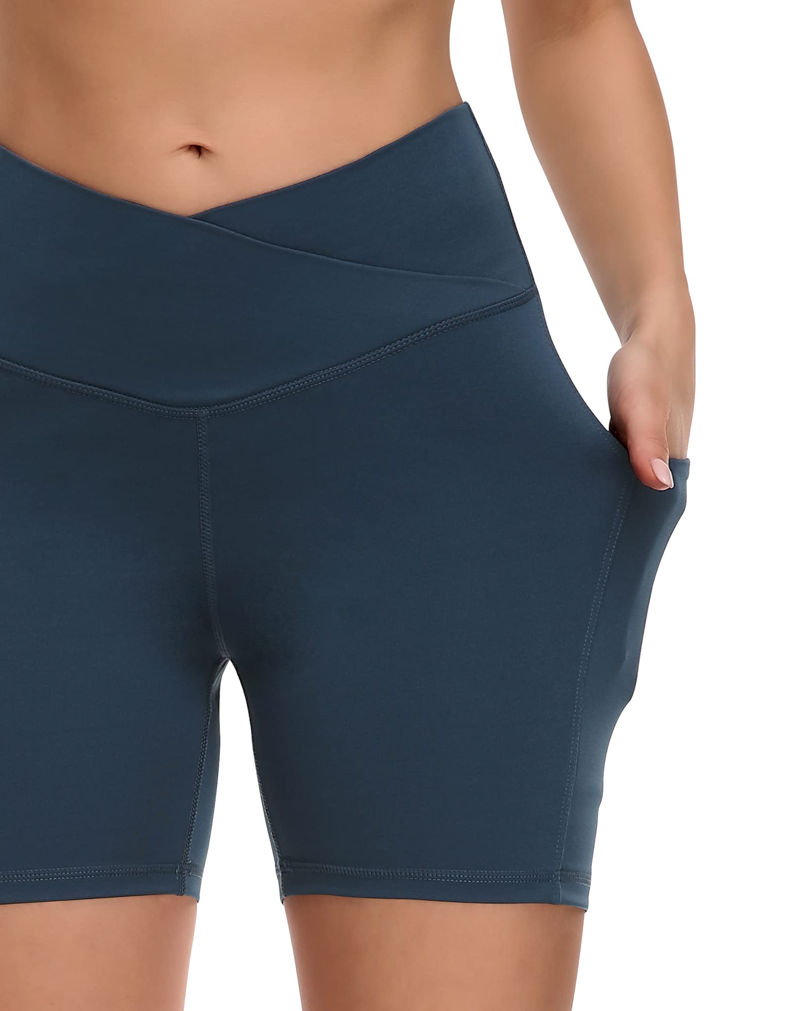 A AGROSTE Women Cross Waist Workout Shorts with Pockets 5" Scrunch Butt Lifting Shorts High Waist Booty Biker Short