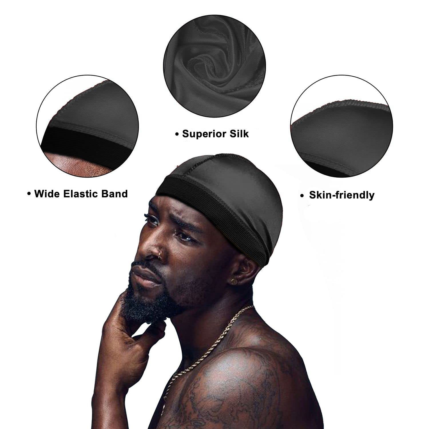 3PCS Wave Cap, Wave Caps for Men, Silk Durag Compression Cap for 360, 540, 720 Waves (Black, Black, Black)
