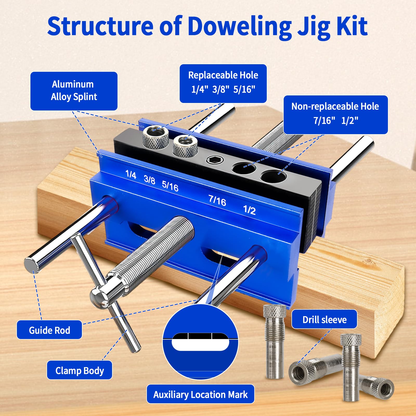 6.7 inch Self Centering Doweling Jig Kit, Self Centering Dowel Jig Kit With 6 Drill Guide Bushings, Adjustable Width Doweling Jig Kit for Straight Holes Woodworking Locator Joints Tools (Blue)