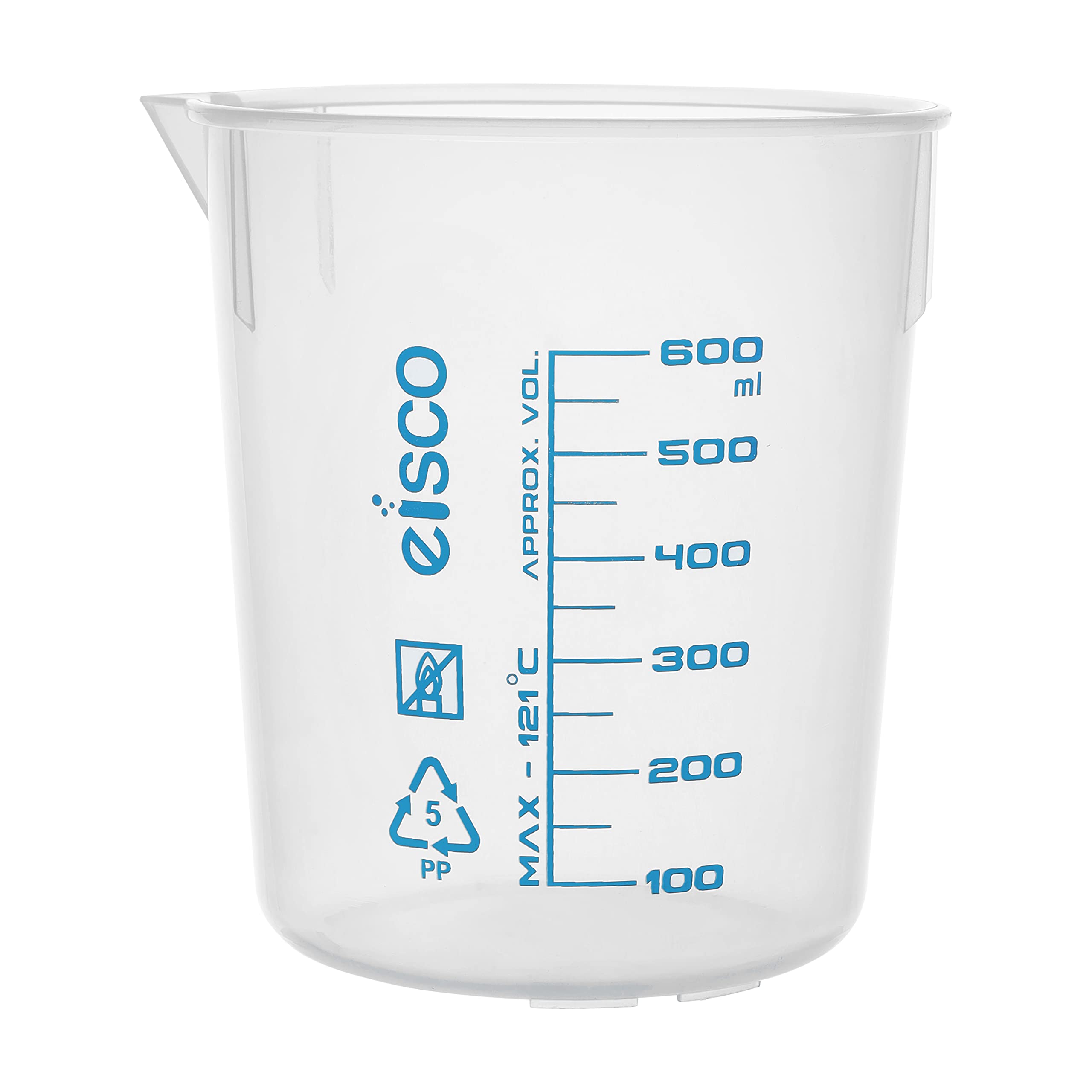 EISCO Premium 600mL Beaker - Polypropylene Plastic, Blue Screen Printed, 50mL Graduations
