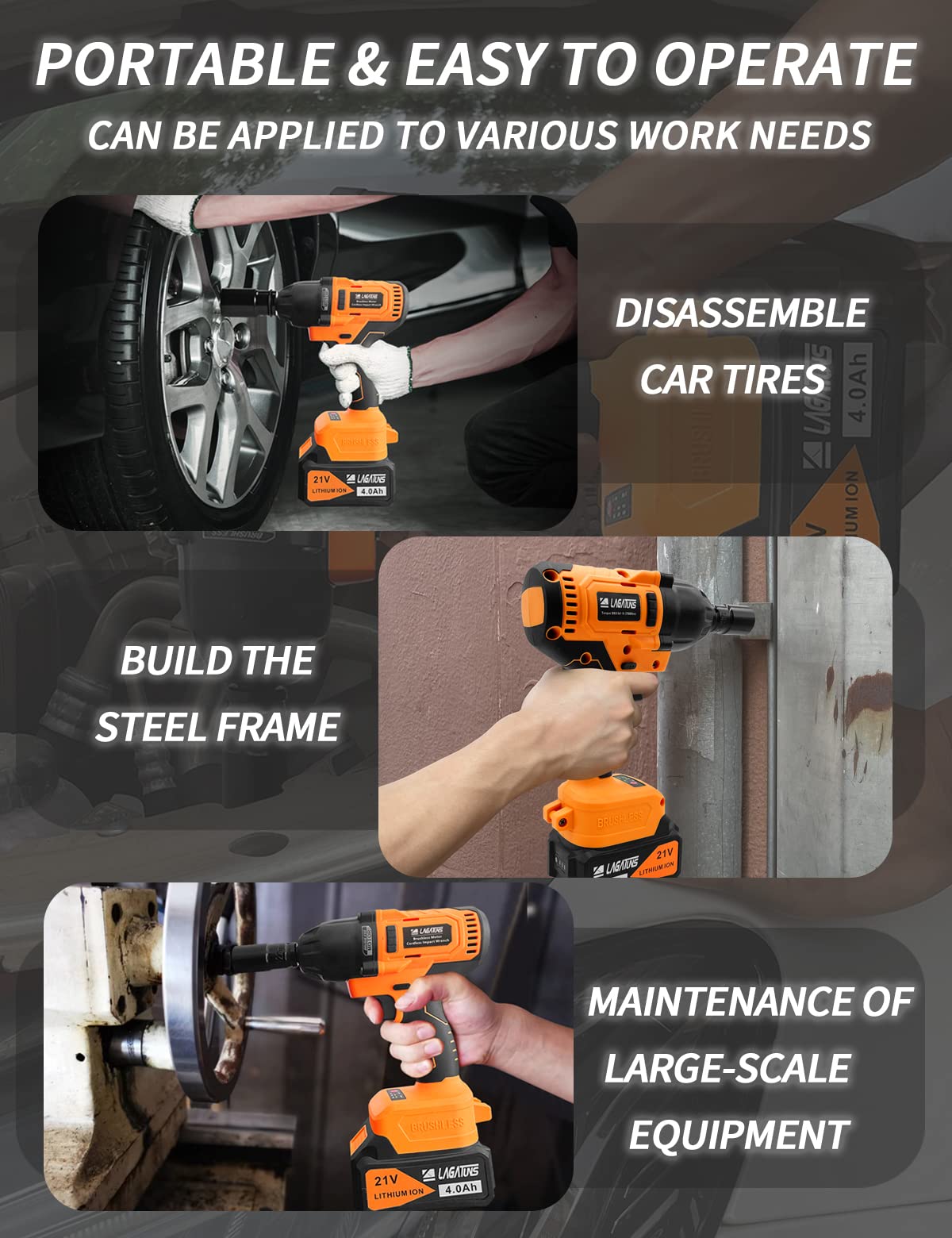 Lagatuns impact wrench cordless,1/2 inch , 750NM（550 Ft-lb） 2200 RPM,Brushless Motor，4AH Battery (Renewed)