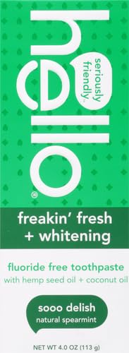 Hello Vegan Fluoride Free Toothpaste, Super Fresh Spearmint, Naturally Whitening Toothpaste, Hemp Seed Oil + Coconut Oil, Helps Remove Plaque, No SLS/Sulfates, 4 Ounce