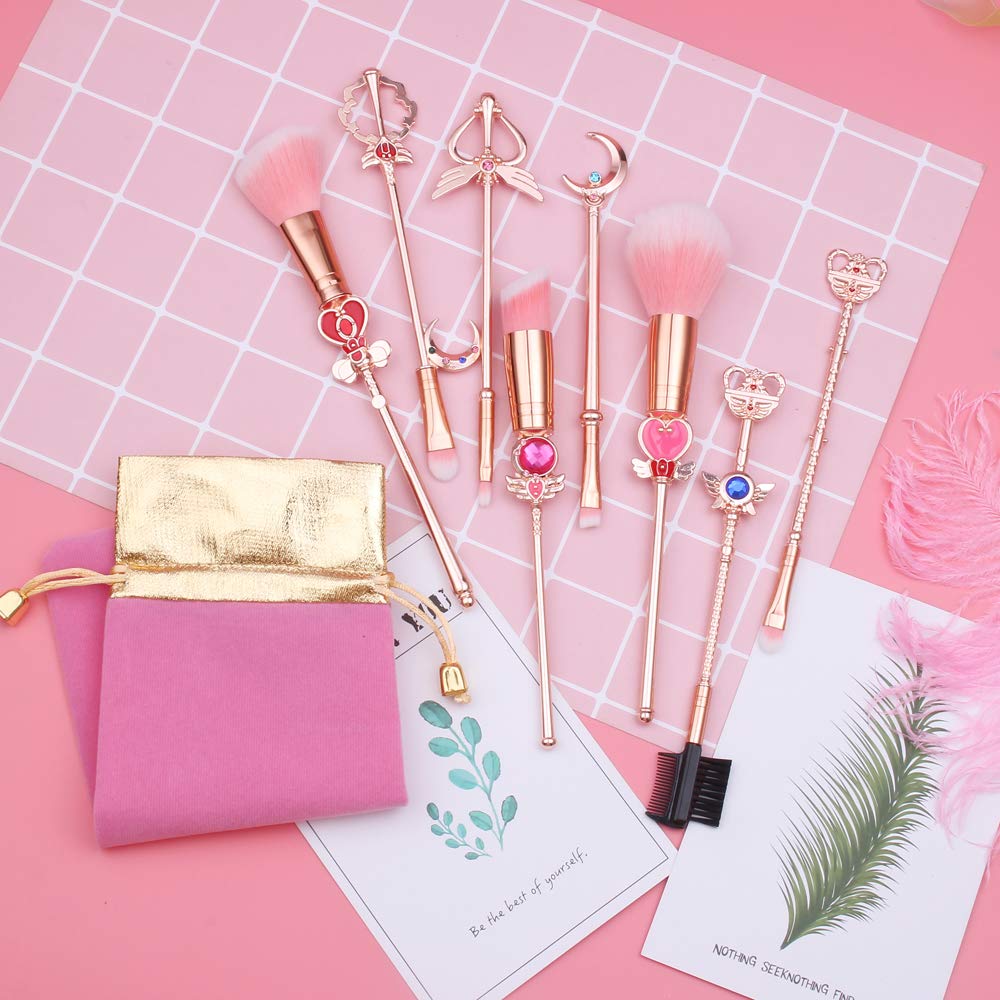 8 Pcs Kawaii Makeup Brush Set with Cute Pink Pouch, Cardcaptor Cosmetic Makeup Tool Sets & Kits for Daily Use and Valentine's Day/Thanksgiving/Birthday Gift - B