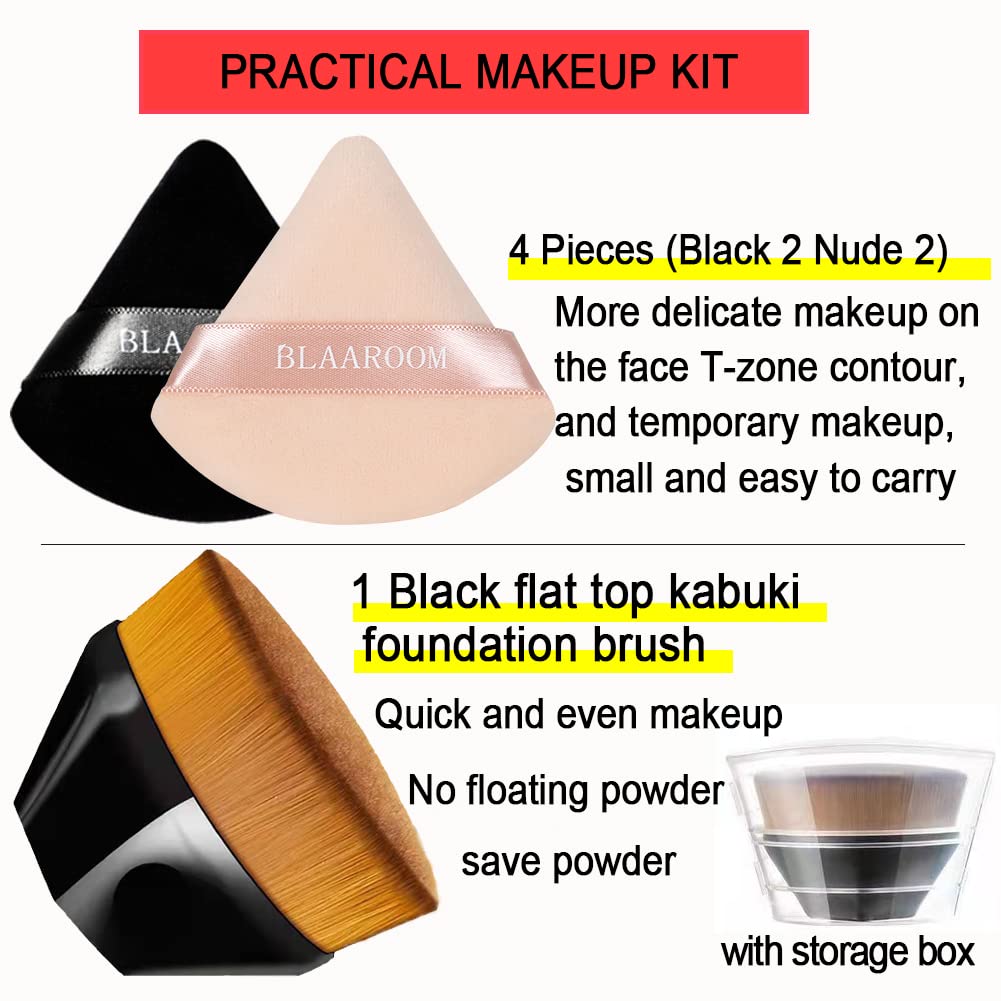 4+1 Pcs Velour Triangle Powder Puff and Flat Top Hexagon Kabuki Foundation Brush for Face Makeup Eyes Contouring Bod for Mixed Liquid Cream Flawless Loose Powder Cosmetic Foundation Makeup Tool Set