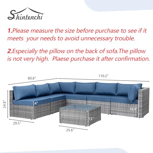 Shintenchi 7 Pieces Outdoor Patio Sectional Sofa Couch, Silver Gray PE Wicker Furniture Conversation Sets with Washable Cushions & Glass Coffee Table for Garden, Poolside, Backyard (Aegean Blue)