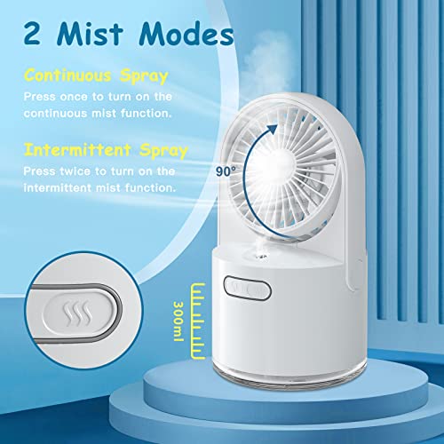 AiTechny Desk Misting Fan with 300ML Large Water Tank Personal Table Fan with 3 Speed Strong Wind Portable Misting Fan with 7 Colorful Nightlights for Home, Outdoor (White)