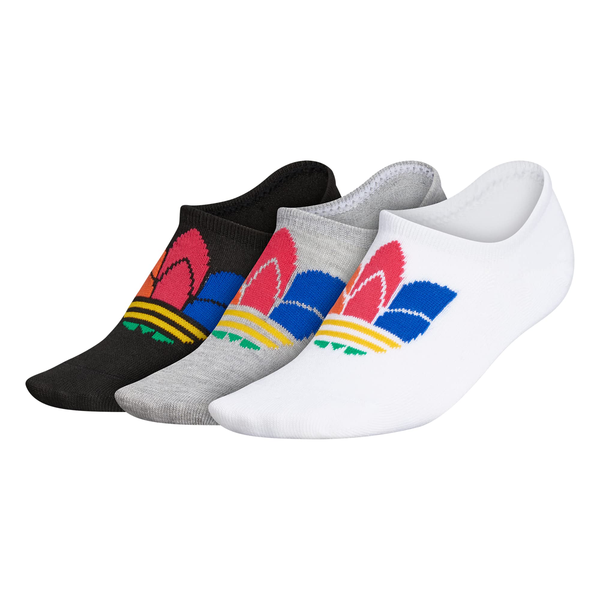 adidas Originals Women's Originals 3D Trefoil 3-Pack Super No Show, White/Heather Grey/Black, Medium