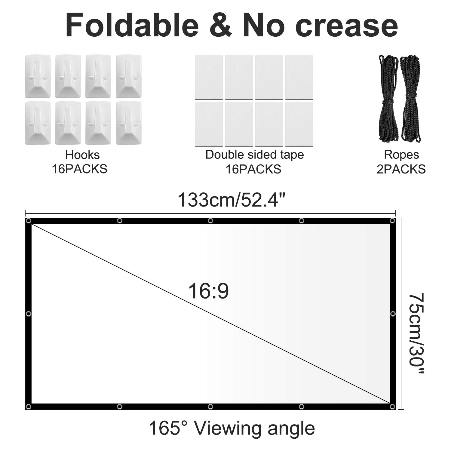 60 inch Projector Screen, 16:9 HD 4K Foldable No Crease Portable Video Projection Movie Screen Grommets for Outdoor Indoor Home Theater