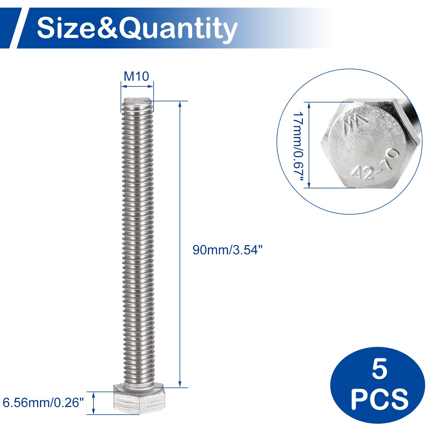 MroMax 5Pcs M10 x 90mm Hex Head Screws Bolts, 304 Stainless Steel 18-8, Fully Threaded, External Hex Drive, for Mounting Chair, Handles, Rail, Pump, Wheels, Antenna Parts, Boat and Plastic Bumpers
