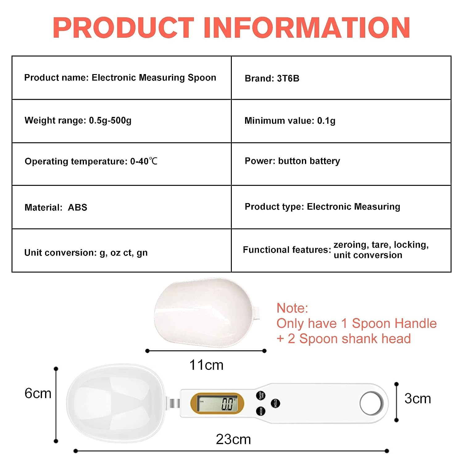 3T6B Digital Spoon Scale Electronic Measuring Spoon with 2 Replaceable Spoons, Food Coffee Weigh Scale High Precision for Home 500/0.1g, Digital Food Spoon Scale, Kitchen Scales with LCD Display