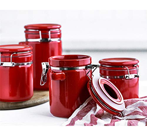 Porcelain Coffee Sealed Canister with Valve Blocks Tea Cans Powder Candy Beans Jars Food Container Spice Storage Bottle with Lid Spoon (Red, 35oz)