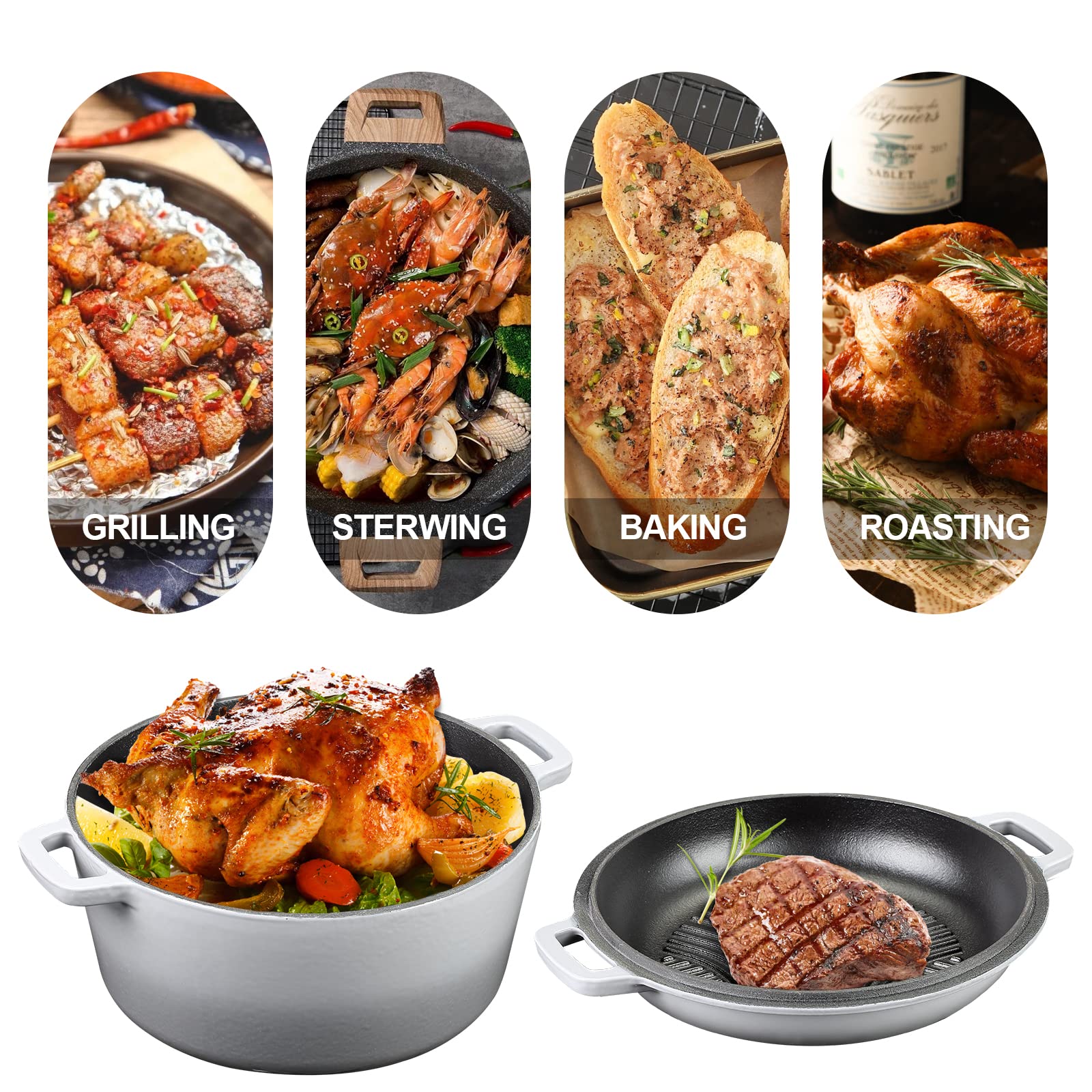 5.5 Quart Enameled Cast Iron Dutch Oven, 2-In-1 Enamel Dutch Oven Pot with Skillet Lid for Grill, Stovetop, Induction (Gradient Grey)