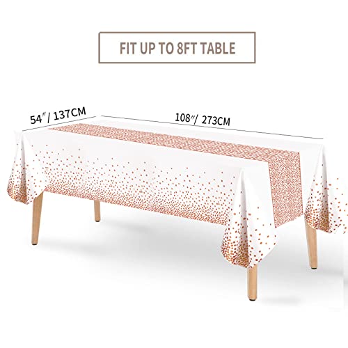 FECEDY 4 Packs 54"x108" Rose Gold Wave Point White Disposable Plastic Table Cover Waterproof Tablecloths for Rectangle Tables up to 8 ft in Length Party Decorations