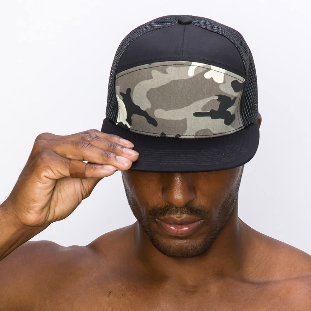 7 Panel Snap Back Flat Bill with Adjustable snap (Black) (Black camo with Black mesh)
