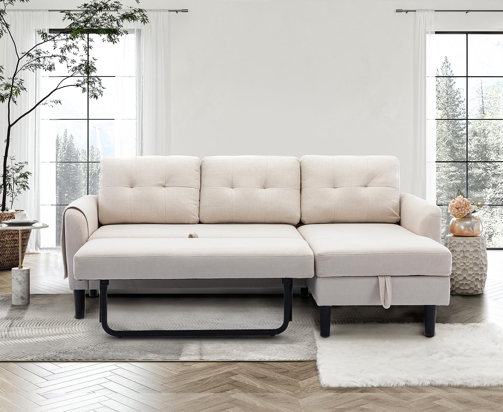 Modern Pull Out Sleeper Sofa Bed with Chaise, Comfy L Shaped Convertible Sleeper Couch with Storage and Pocket, Sectional 3 Seat Couch for Living Room Furniture or Office, Tufted Back (Beige)