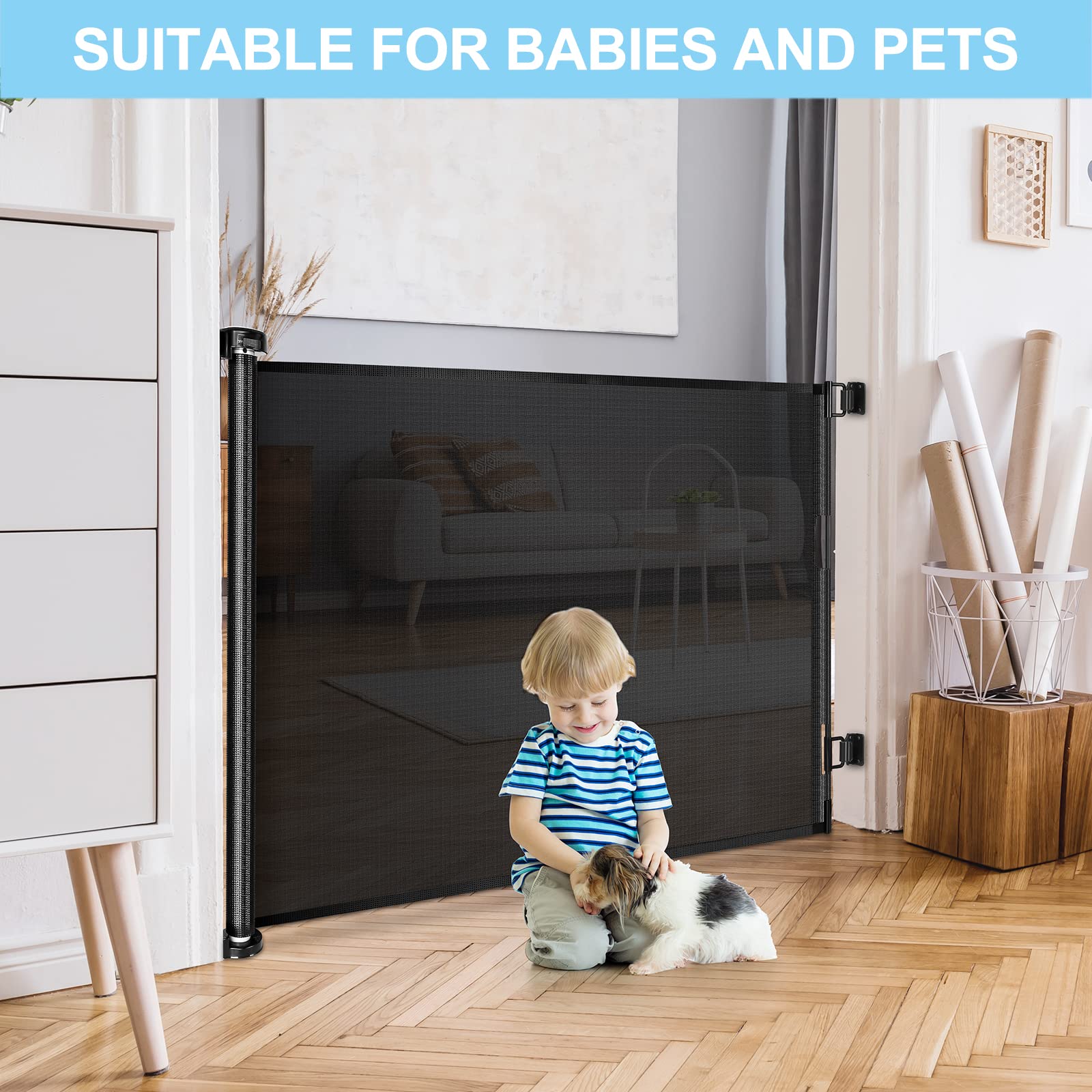 60" Extra Wide Retractable Baby/Dog Gate and 100" Extra Wide Retractable Baby/Dog Gate (Black)