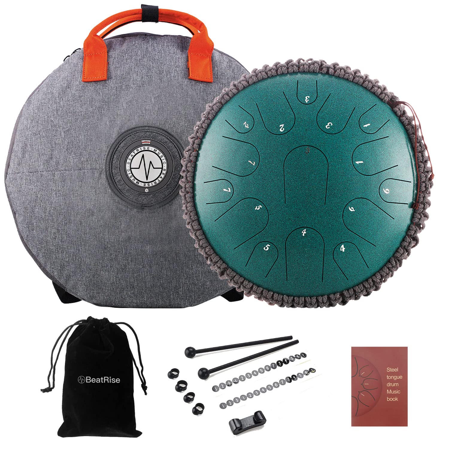 BeatRise Tongue Drum 13 Inch 15 Notes Steel Tongue Drum Professional Steel Drum Handpan Percussion Instrument with Travel Bag Rope and Mallets for Mind Healing Yoga (Emerald Green)
