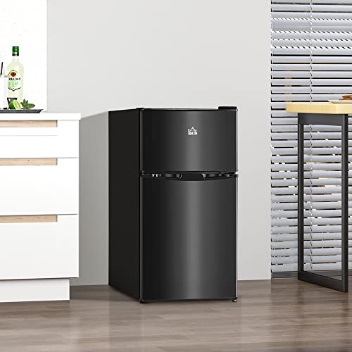 HOMCOM Double Door Mini Fridge with Freezer, 3.2 Cu.Ft Compact Refrigerator with Adjustable Shelf, Adjustable Thermostat and Reversible Door for Bedroom, Dorm, Home Office, Black