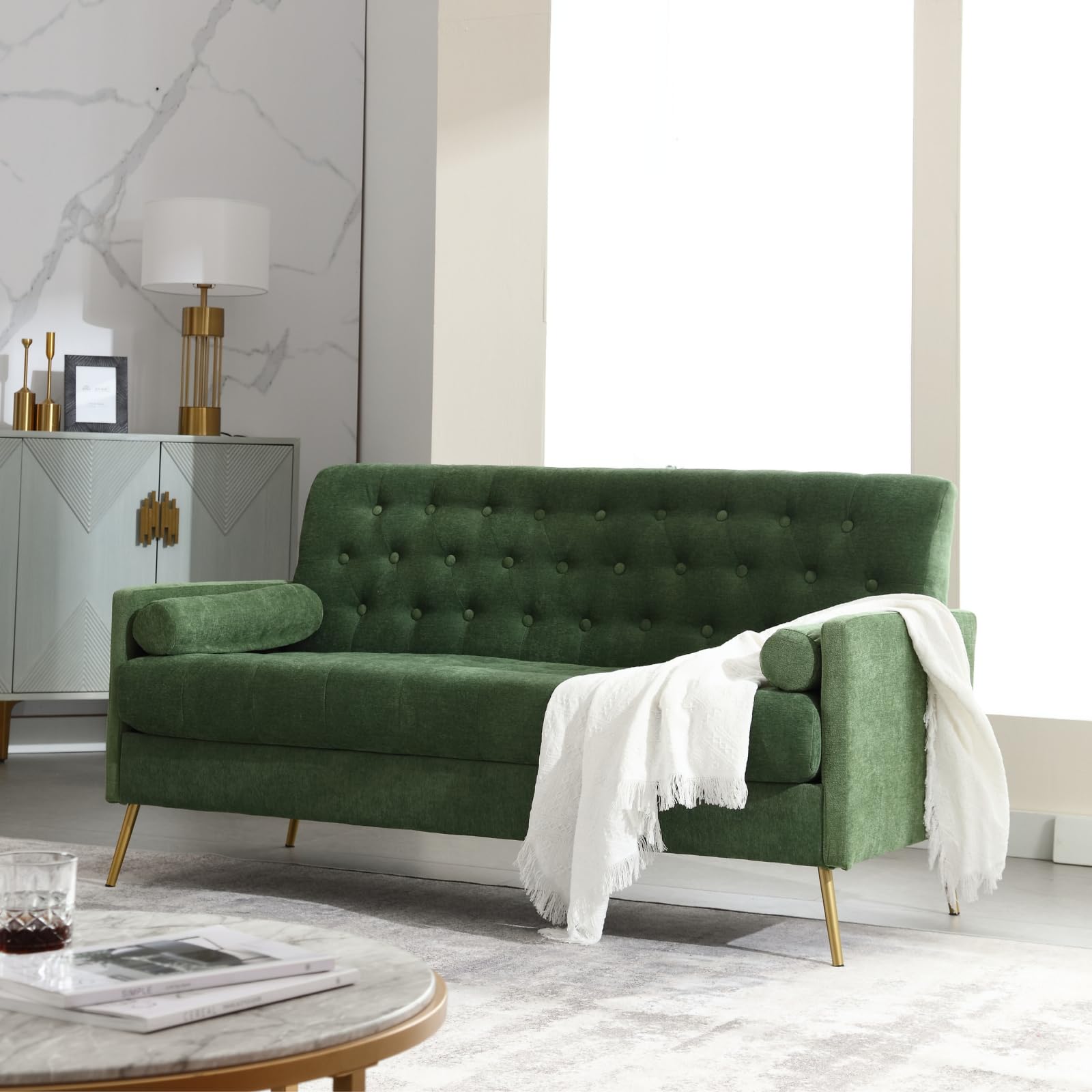 60” Couch Sofa,Mid Century Modern Upholstered Loveseat Sofa Tufted Small Sofa Love Seat Couch Track Armrest with 2 Bolster Pillows for Small Space Living Room Bedroom Apartment, Green Chenille