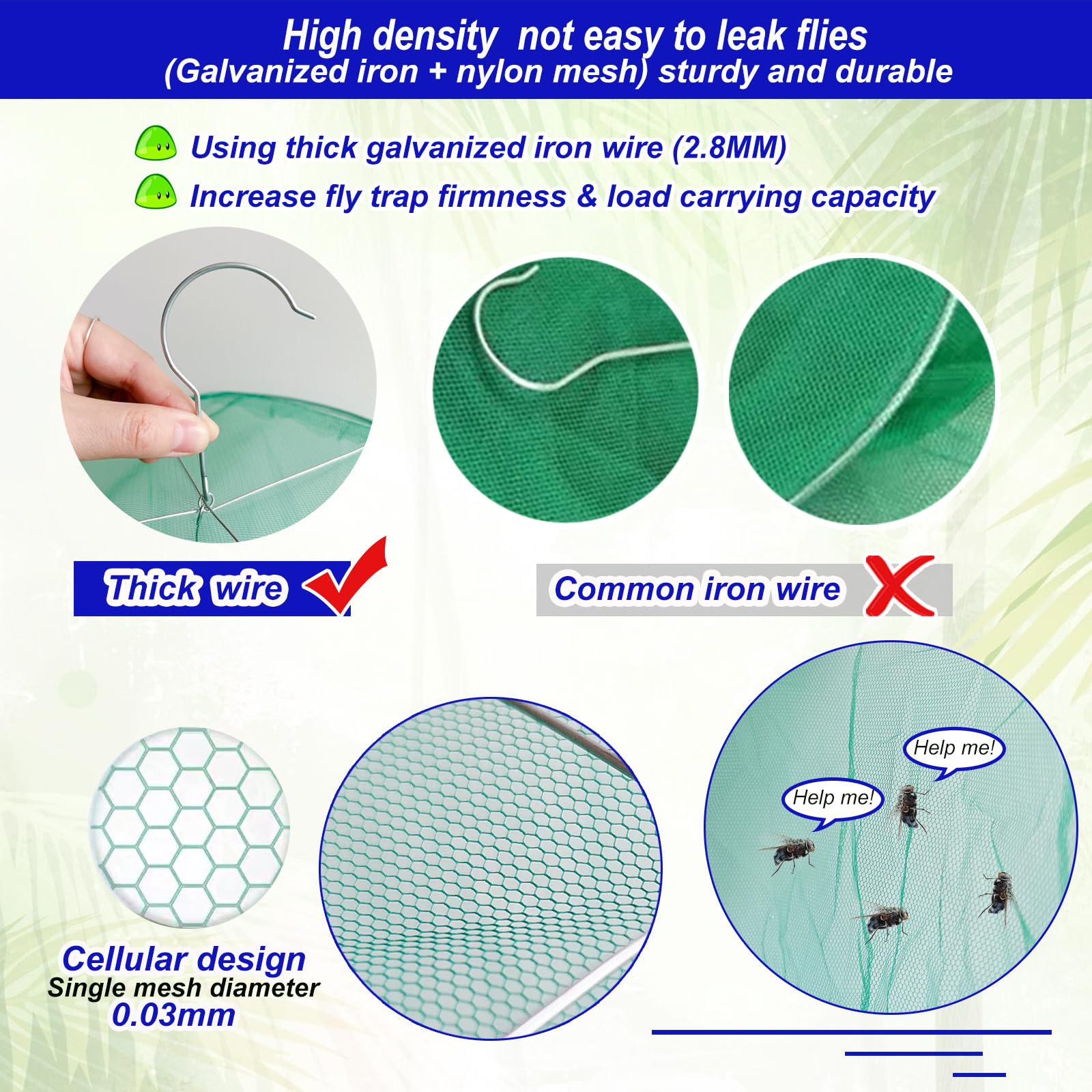 8 Pack Ranch Fly Traps - Reusable Fly Traps Outdoor Indoor Hanging,Stable Fly Traps with Bait-Tray Fly Catcher Cage Fly Net Bag for Farms,Park, Restaurants (Green)