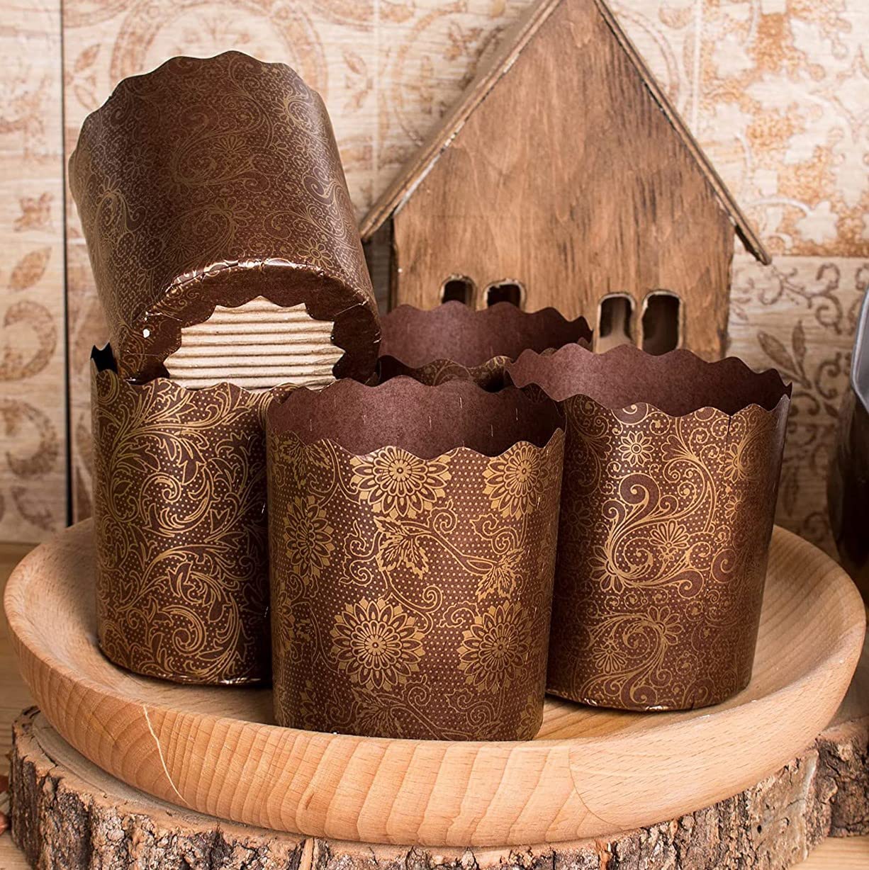 8 oz Panettone Paper Mold | 25 Pack | Easter Bread Paper Mold - Round Italian Non Stick Panettone Paper Baking Molds - Brown Design W 3.55 x H 3.35-In by SHSH trade group