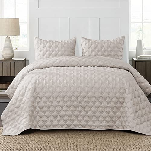 Exclusivo Mezcla Bed Quilt Set Queen Size for All Seasons, Stitched Pattern Quilted Bedspread/ Bedding Set/Coverlet with 2 Pillowshams, Lightweight and Soft, Bone