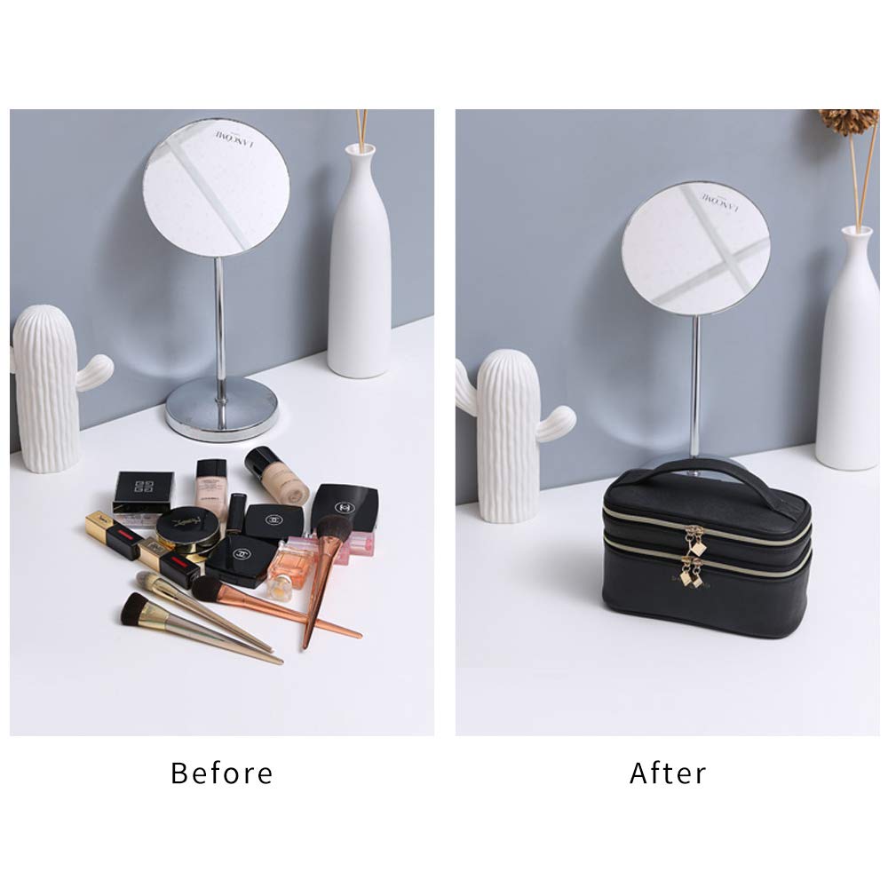 iN. Multifunction Dual Compartment Portable Waterproof Cosmetic Bag Travel Makeup Case With Handle -Two Storage Compartments Space Fits ALL Your Makeup and Lipstick Train Case for Womens